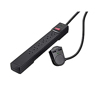 Monoprice 6 Outlet Power Surge Protector - 6 Feet Cord - Black| 2 Port USB Charger on the Plug, 1080 Joules