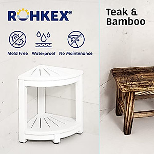 ROHKEX No-Maintenance Corner Shower Stool for Shaving Legs - Heavy-Duty Waterproof Bathroom Bench with Rubber Feet, Storage Shelf - Sustainable & Versatile for Indoor & Outdoor Use