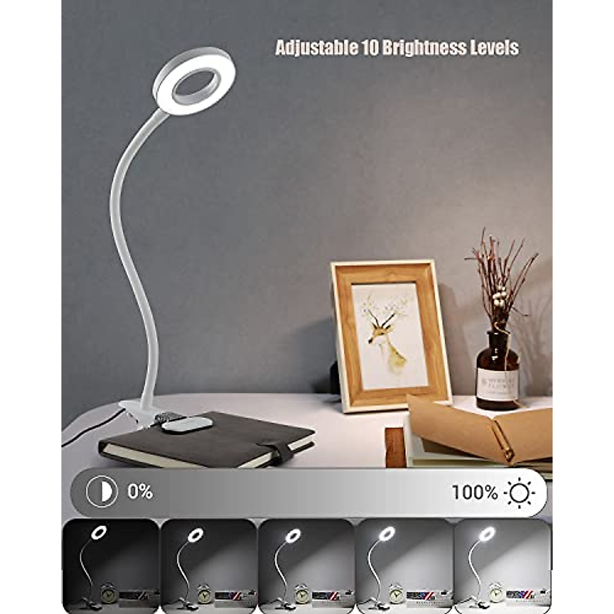 EYOCEAN LED Clip on Light Reading Light, USB Eye-Care Reading Light for Headboard, 3 Modes & 10 Dimming 7W Clamp Desk Lamp, 360°Flexible Gooseneck Night Light(Adapter Included), White