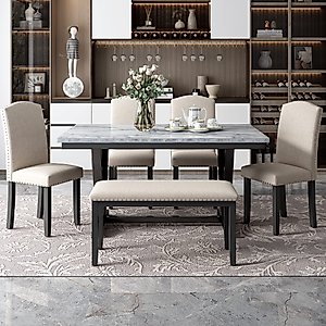 KELRIA Modern Style 6-piece 4 Chairs & 1 Bench, Marbled Veneers Tabletop and V-shaped Table Legs, for Dining, Living Room, and Kitchen, White