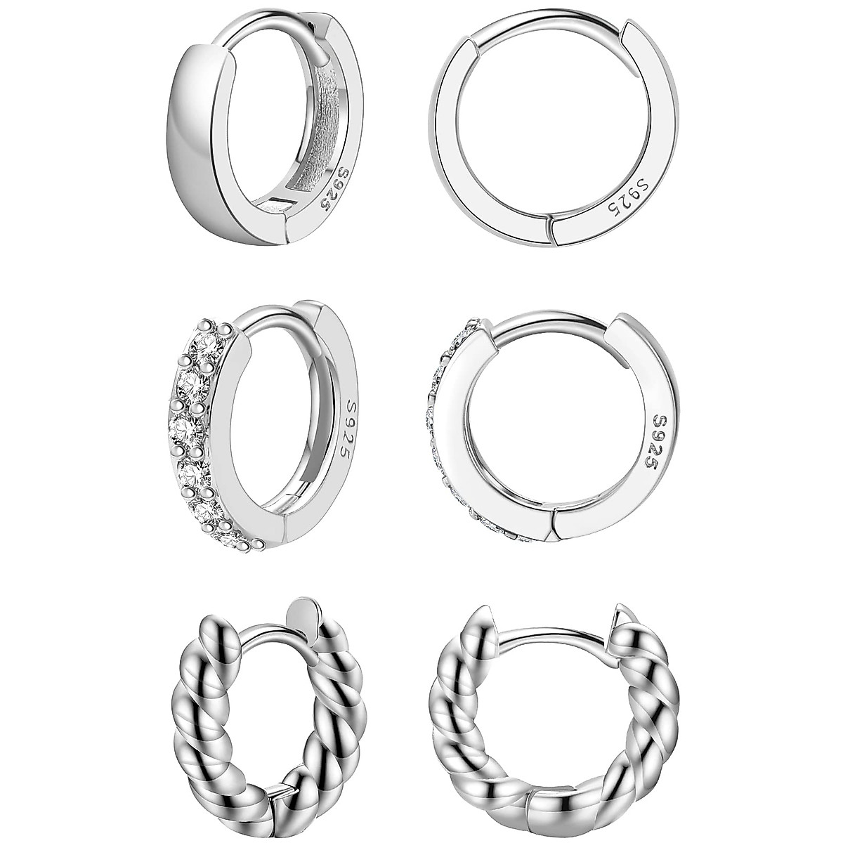 JASSEWRLY 3 Pairs 925 Sterling Silver Small Huggie Hoop Earrings for Women, Hypoallergenic Cubic Zirconia Hoops Huggie Earrings, Twisted Silver Mini Hoop Earrings Cuff Earring for Girls