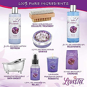 Relaxing Lavender Spa Bath Gift Baskets for Women-Girls, Christmas, Birthday, Bath and Body Set-Kit Includes Candle, Essential Oil, Body Scrub, Bath Salt, Body Lotion, Shower Gel and Body Scrub Brush