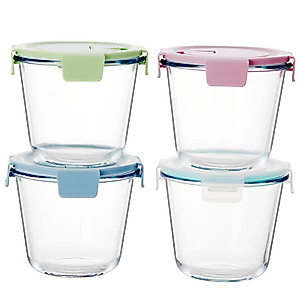 8 Piece Round Glass Storage Containers with Lids, Leak Proof 3 Cup Glass Containers for Soup, Lunch, Salad, Leftover, Ice Cream, BPA-Free Lids with 4 Locking Tabs, Microwave, Dishwasher, Freezer Safe
