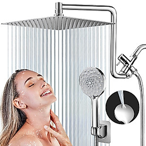 PinWin Shower Head, Upgraded Dual Rain Shower Head with Adjustable Extension Arm, 6-Setting Handheld Combo, Powerful High-Pressure Spray Against Low Pressure Water (12-Inch Showerhead Set, Chrome)