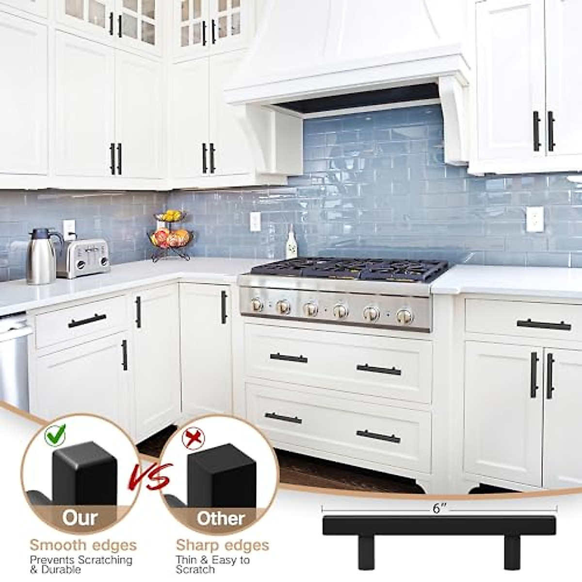 Qibaok 30 Pack Square Cabinet Handles Matte Black Cabinet Pulls 3-3/4" Hole Centers Drawer Pulls Stainless Steel Kitchen Handles for Cabinets, 6”Length Cabinet Hardware for Bathroom Farmhouse