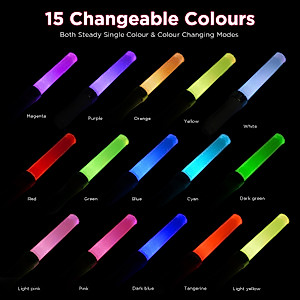 BINWO Reusable LED Glow Sticks(2Pack) with 15 Multicolor, Manual and Automatic Mode, Equipped with AAA Battery Powered LED Sticks, Concert Glowsticks, Raves, Emergency, (15+ Years Old)