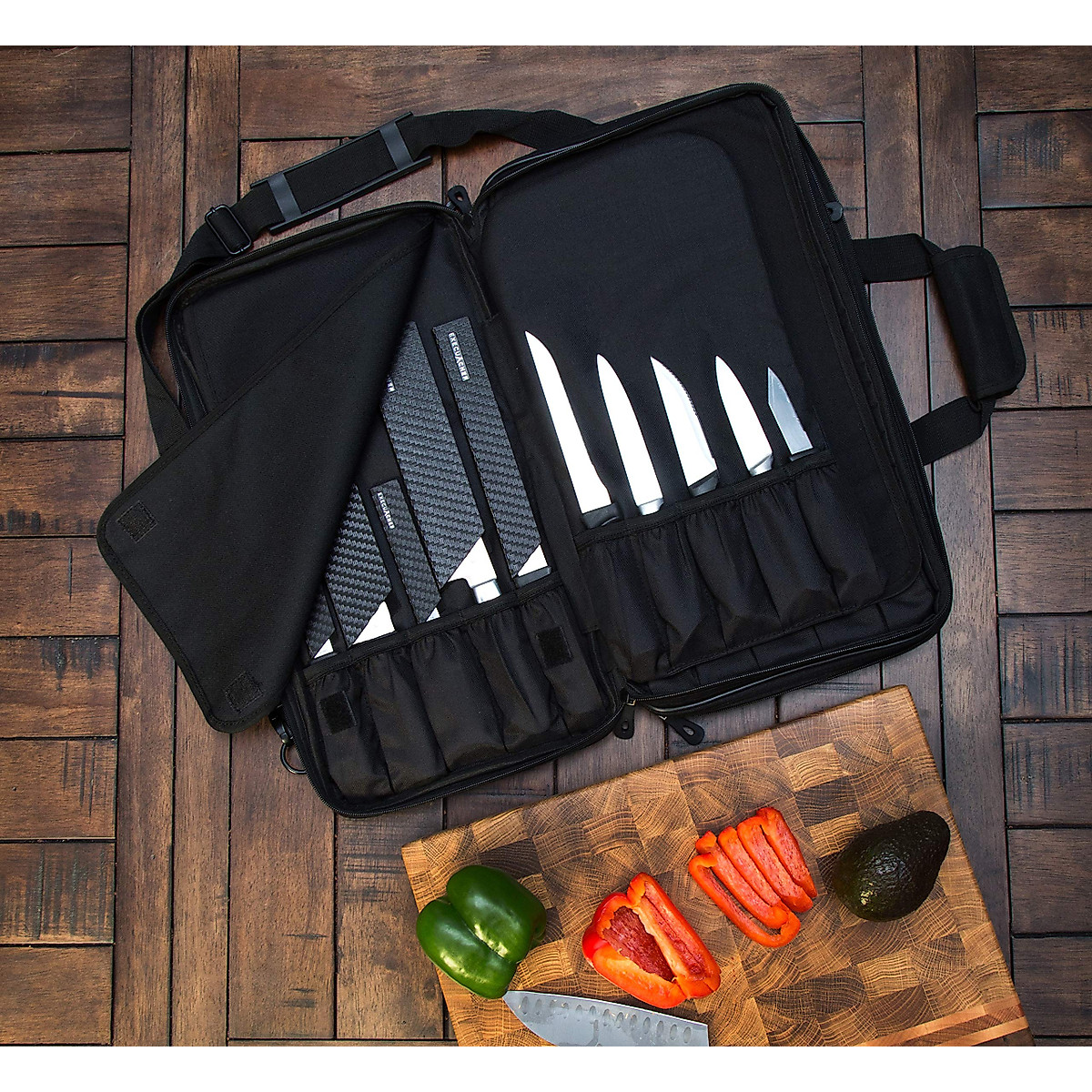 Asaya Chef Knife Bag - 28 Pockets for Knives and Kitchen Utensils - Durable Ballistic Nylon, Black Stainless Steel Hardware, Card Holder and Adjustable Shoulder Strap - Knifes not Included (Black)