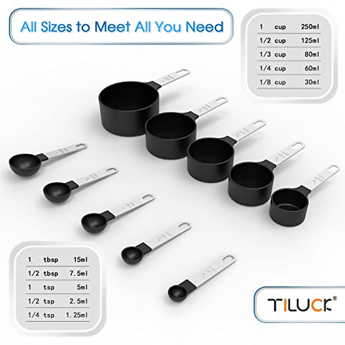 TILUCK Measuring Cups & Spoons Set, Stackable Cups and Spoons, Nesting Measure Cups with Stainless Steel Handle, Kitchen Gadgets for Cooking & Baking (5+5, black)