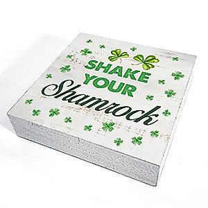 Shake Your Shamrock Wood Box Sign Home Decor Rustic St. Patrick's Day Quote Wooden Box Sign Block Plaque for Wall Tabletop Desk Home Office Decoration 5" x 5"