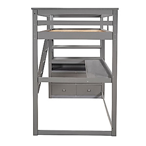 Twin Size Loft Bed with Desk and Drawers, Wood Twin Loft Bed with Storage Shelves, Angled Ladder and Wood Slat Support, High Loft Bed for Kids, Teens, Adults Boys & Girls, Gray