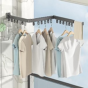 Mbillion Tri Folding Clothes Drying Rack with Extended Arm 48'' Long,Laundry Drying Rack,Wall Mounted Drying Racks for Laundry with Ring Type Hooks Heavy Duty, for Balcony,Laundry,Bathroom, Grey