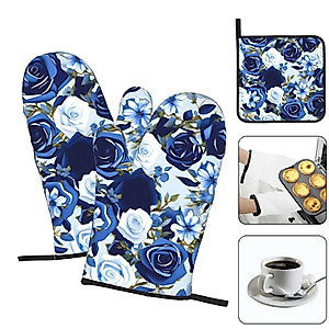 Blue Flower Floral Pattern Roses Oven Mitts and Pot Holders Setâ€“Ultimate Heat Resistant Set for Kitchen and Dining