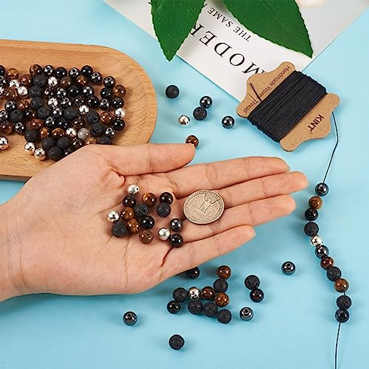 FASHEWELRY Mala Yoga Men Bracelet Making Kit - 220pcs Natural Gemstone Lava Rock Tiger Eye Beads Healing Crystal Chakra Stone Beads with Black Nylon String for Essential Oil Diffuser Jewelry Making