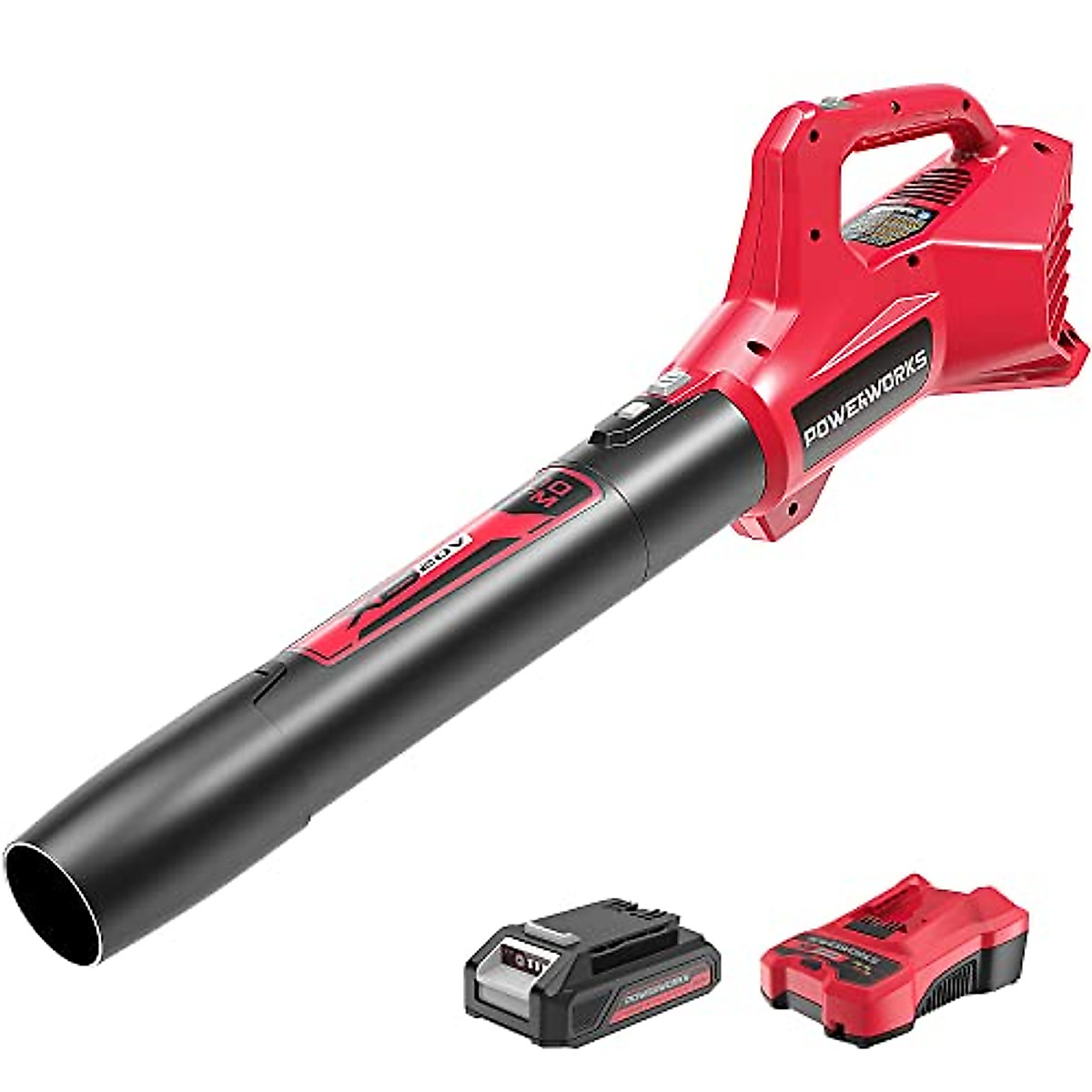 POWERWORKS XB 20V Cordless Leaf Blower with 2Ah Battery and Charger，310 CFM / 85 MPH & 2-Speed Mode, Battery Powered Leaf Blowers for Lawn Care