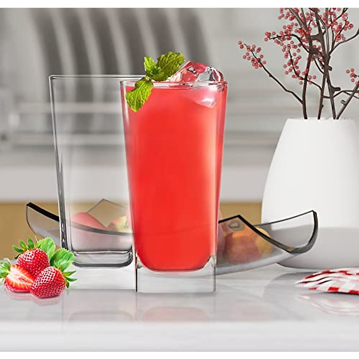 Highball Glasses [Set of 4] + 4 Stainless Steel Straws, 16 oz Lead-Free Crystal Clear Glass, Elegant Drinking Cups for Water, Wine, Beer, Cocktails and Mixed Drinks - Round Top, Square Bottom