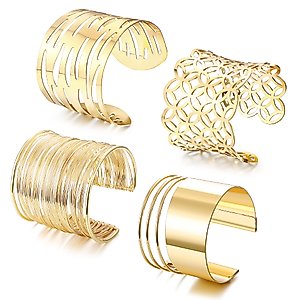 JOERICA 4PCS Gold Cuff Bracelets for Women Open Cuff Wide Wire Bracelets Adjustable Wrist Wrap Bracelet Set