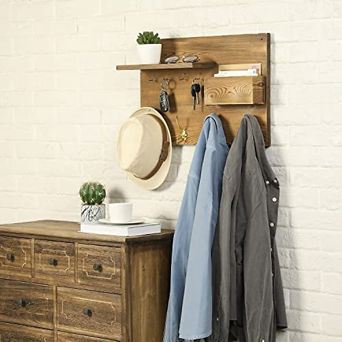 MyGift Wall Mounted Solid Burnt Wood Entryway Key and Mail Holder Organizer Storage Rack with Display Shelf and 8 Hooks