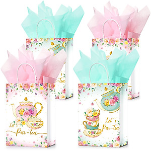 16 Pcs Tea Party Gift Bags with Tissue Paper Pink and Green Tea Party Goodie Treat Bags Spring Themed Bags Tea Baby Girl Paper Bags Floral Tea Party Supplies for Girl Kid Birthday Baby Shower Party