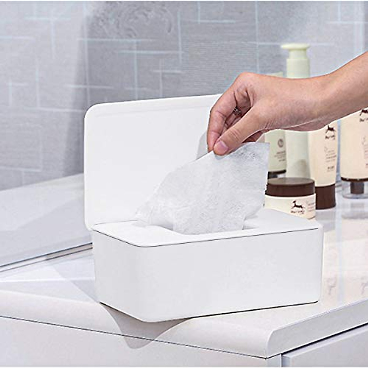 DOERDO 2 PCS Wipes Dispenser Wet Wipe Holder with Lid Wipes Tissue Case Tissue Storage Box Keeps Baby Wipes Fresh and Safe(White,Gray)