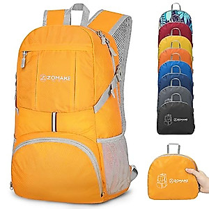 ZOMAKE Lightweight Packable Backpack 35L - Light Foldable Backpacks Water Resistant Collapsible Hiking Backpack - Compact Folding Day Pack for Travel Camping(Yellow)