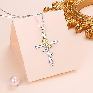 HOOHWE Sunflower Cross Necklace, 925 Sterling Silver You Are My Sunshine Cross Necklace Dainty Daisy Flower Pendant Necklace Sunflower Jewelry Necklaces Gifts for Women Sister Daughter Mom Wife