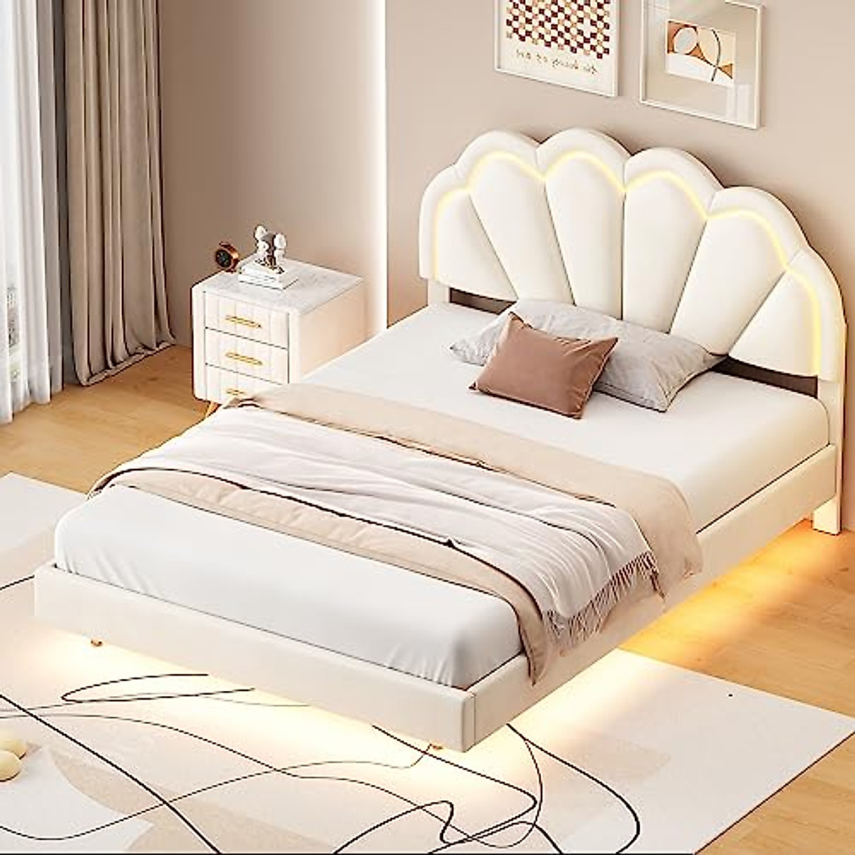 Velvet Upholstered Full Bed Frame with Smart LED and Elegant Flowers Headboard, Platform Bed with Wooden Slats Support for Kids, Boys, Girls, Teens, Adult, No Box Spring Needed (Beige, Full)