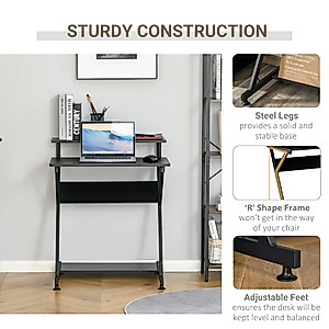 HOMCOM Industrial Computer Desk with Monitor Shelf, R Shaped Writing Table for Home Office, Black