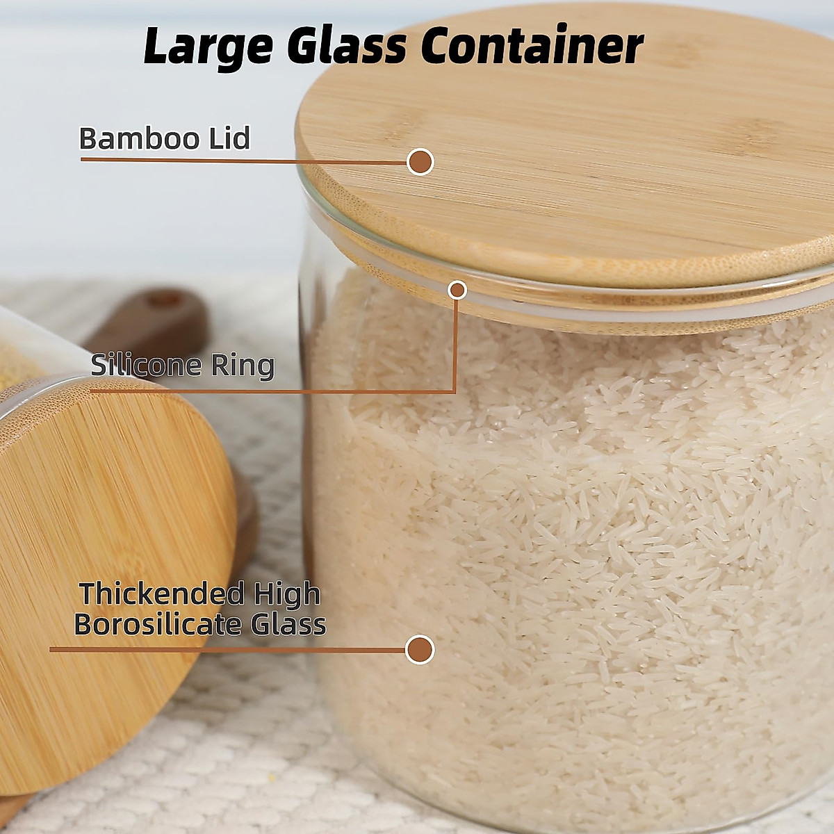 AMOTIE Set of 3 Glass Food Storage Containers with Airtight Bamboo Lid, Glass Storage Canisters, Large Glass Food Jar, Glass Flour and Sugar Containers…