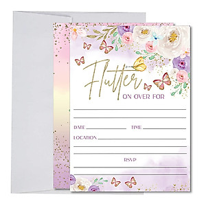 Partiness Butterfly Birthday Invitations for Girl, Purple Floral Butterfly Baby Shower Invitations, It's A Girl Blush Pink, 20 Invites + Envelopes