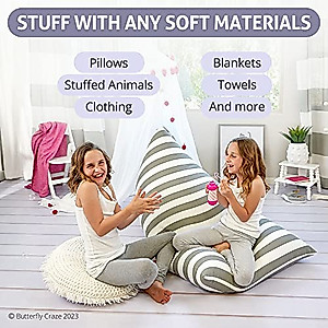 Butterfly Craze Bean Bag Chair Cover, Functional Toddler Toy Organizer, Fill with Stuffed Animals to Create a Jumbo, Comfy Floor Lounger for Boys or Girls, Stuffing Not Included, Grey Stripe