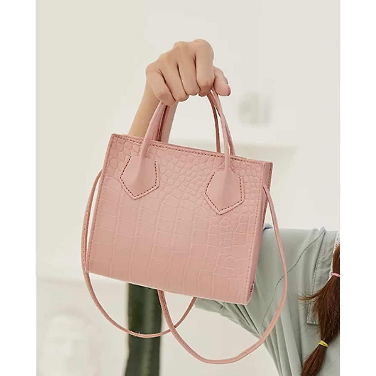 Women Tote Handbag Top Handle Small Mini Handbag for Women/Purses and Handbags for Women Top Handle Purses and Handbags with PU Leather and Adjustable Strap (Pink)