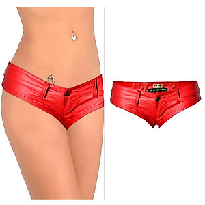 Faringoto Red Girls Low Rise Stretch PU Coated Faux Leather Button Zip Hot Pants