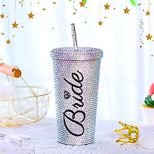 Hoolerry Bling Studded Rhinestone Tumbler Glitter Diamond Cup 16.9 oz Stainless Steel Insulated Reusable Water Bottle with Straw Lid and Brush for Women Bachelorette Shower Wedding Gift(Bride)