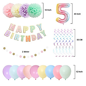 BRT Bearingshui 5th Birthday Decorations for Girls Boys, 40 Inch Rainbow Gradient Number 5 Balloon, 5th Birthday Balloon, Happy Birthday Banner, Children’s 5th Birthday Party Supplies for Kids