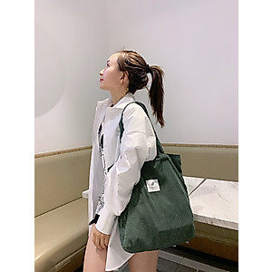 Geerta Corduroy Bag Green for Women Shoulder Bag with Inner Pocket Olive Green Tote Aesthetic Corduroyed Canvas Purse with Design for Work Beach Lunch Travel and Shopping Grocery