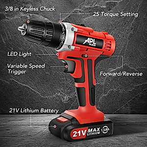 APLMAN Cordless Drill 21V with with Battery Electric Drill Kit 26pcs Accessories 3/8" Drill set All-Metal Chuck 25+1 Torque Setting,2 Variable Speed and LED
