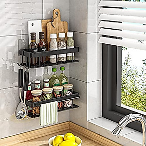 Shower Caddy, Black Shower Caddy with 2 Hooks and 1 Towel Bar, Adhesive Shower Caddy Aluminum Bathroom Wall Shelf, No Drilling Shower Organizer for Bathroom Toilet, Kitchen-2 Pack (Matte Black)