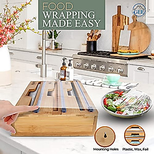 Golden Ears Essentials Foil and Plastic Wrap Organizer 3 in 1 Bamboo Wrap and Aluminum Foil Dispenser for Wraps and Aluminum Foil Organization and Storage, Magnetic Sliding Doors, Engraved Labels