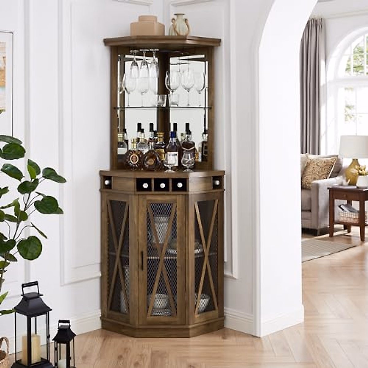 Home Source 73" Tall Corner Bar Unit Reclaimed Barnwood Wine Cabinet with Storage, Lower Mesh Doors, Upper Liquor Shelf galss holder, for Home Bar, Living Room, Kitchen, Mini Space, Reclaimed Barnwood