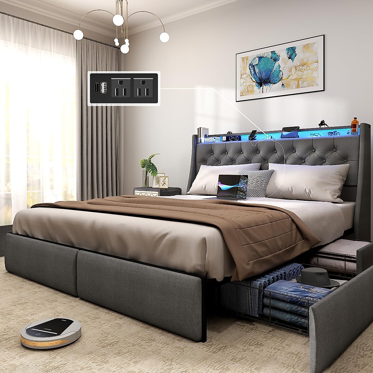 SADENICEL Full Size Bed Frame with Storage Headboard and 4 Drawer, Metal Full Bed Frame Platform with LED Light, Charging Station, No Box Spring Needed, Noise Free, Easy Assembly, Grey