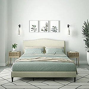 Glenwillow Home Kameli Upholstered Platform Bed Frame/Nailhead Trim Camelback/Mattress Foundation/No Box Spring Needed/Easy Assembly, Beige, California King