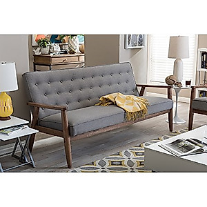 Baxton Studio Sorrento Mid-Century Retro Modern Fabric Upholstered Wooden 3-Seater Sofa, Grey 70.59 x 29.45 x 32.96