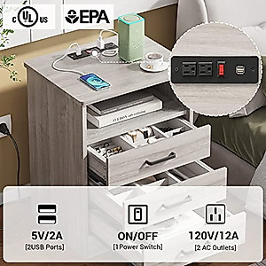 Tiptiper Nightstand Set of 2 with Charging Station,Grey Night Stands for Bedroom,Bedside Table with Drawers & USB Ports, 13.8D x 15.8W x 23.6H in