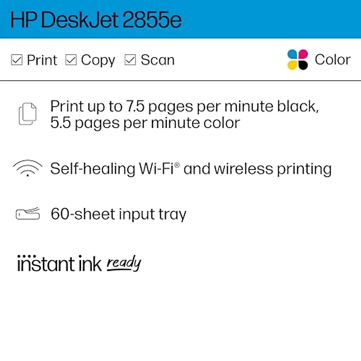 HP DeskJet 2855e Wireless All-in-One Color Inkjet Printer, Scanner, Copier, Best-for-home, 3 months of Instant Ink included (588S5A)