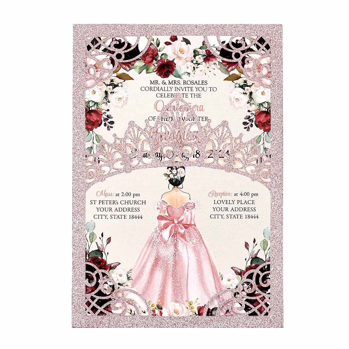 DreamBuilt 50Pcs Pink Crown Quinceanera Invitation Burgundy for 15 year, Sweet 16, Miss XV, Birthday Laser Cut Quince Invitation Cards Personalized Glitter Pink