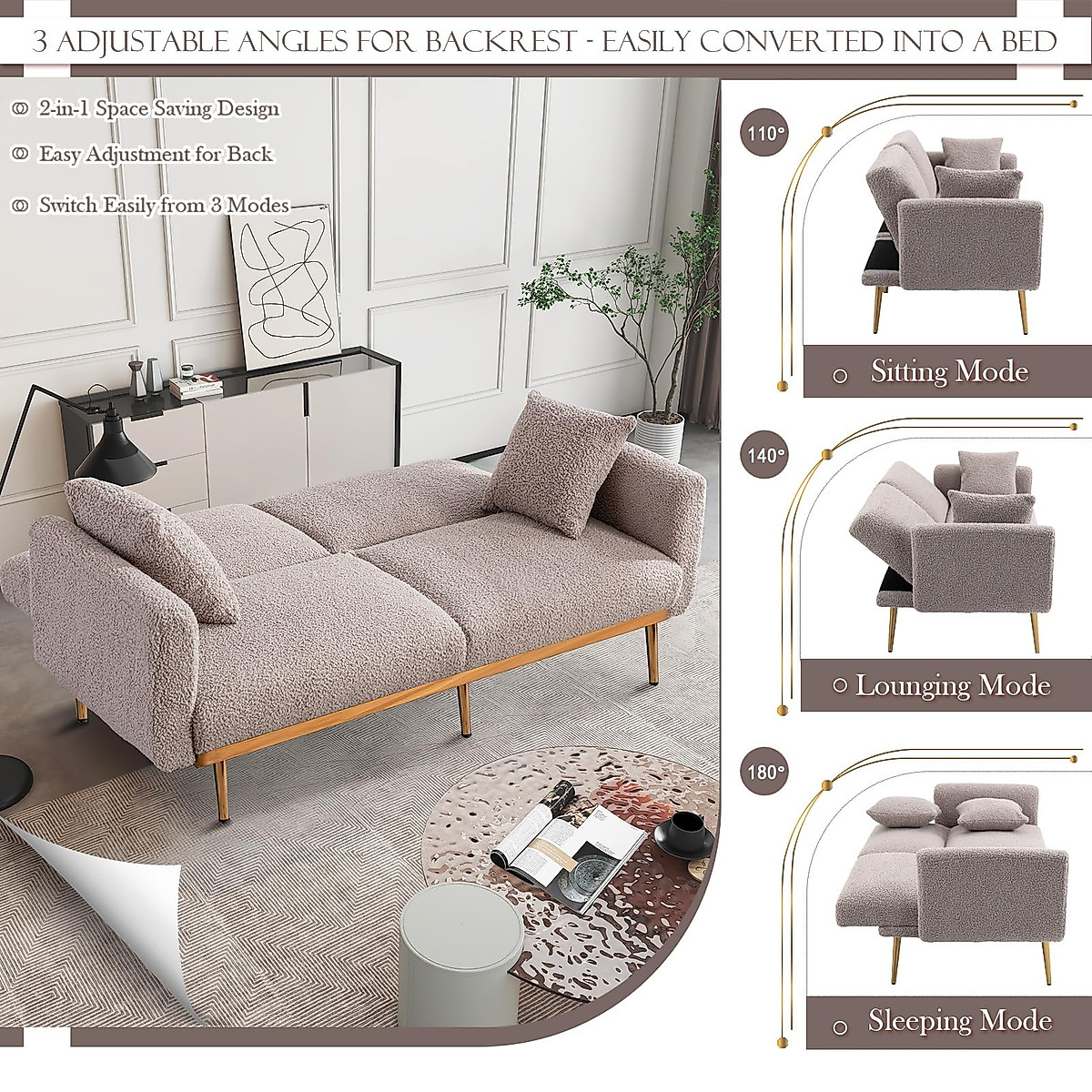 Convertible Futon Sofa Bed, Upholstered Loveseat Sleeper Couch with 3 Reclining Angles and 2 Pillows, Modern Living Room Sofa Couch with 5 Solid Metal Legs for Guest Room, Office, White Teddy