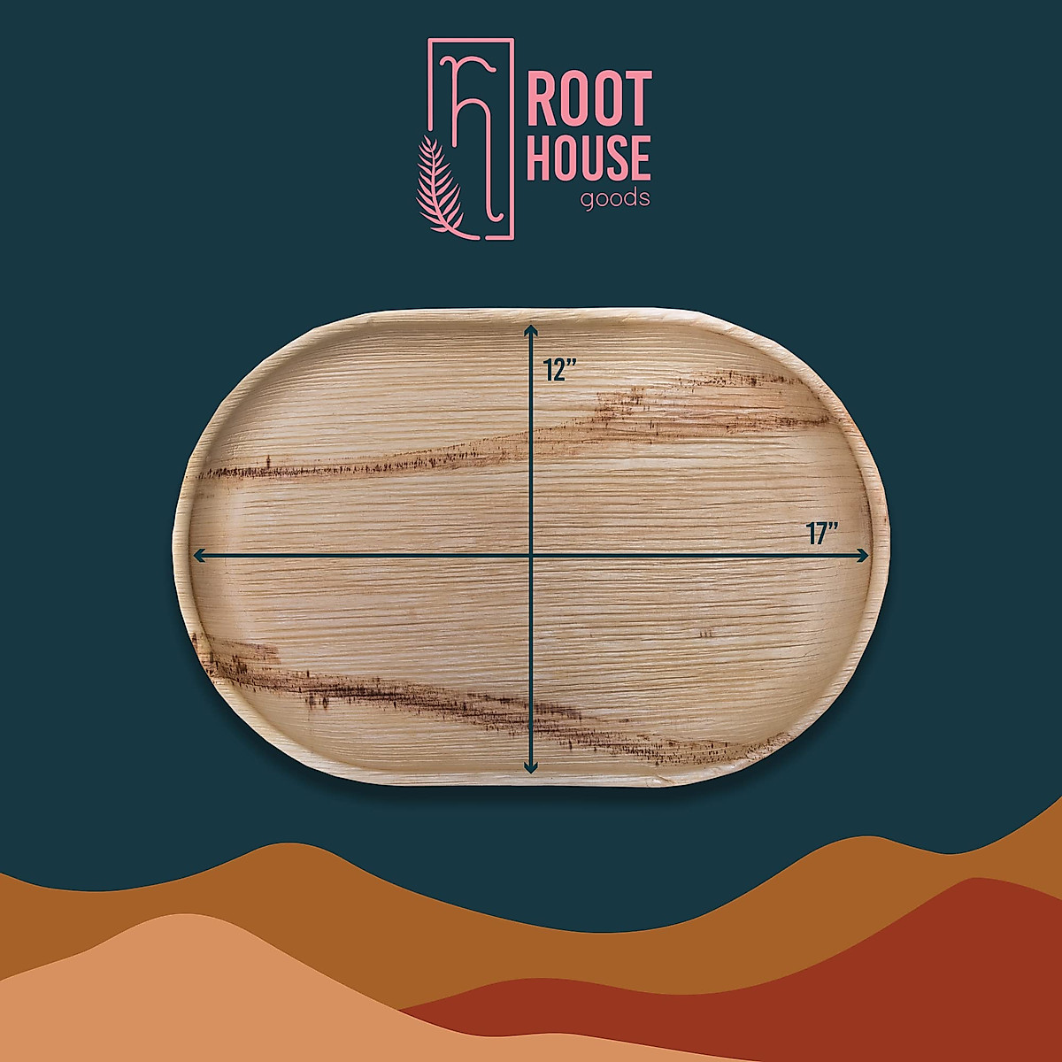 Root House Goods - Palm Leaf Trays 17"x12" Large (12 pk) | Disposable Serving Trays | Eco-Friendly | Compostable Platters for Weddings, Catering Events, Charcuterie, Grazing, Cheese Boards