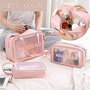 TOUYINGER Cosmetic Bag,3 Pcs Toiletry Bag Makeup Bag Travel Bag Set for Toiletries, Portable Toiletry Bags for Traveling Women, Translucent Waterproof Make Up Bag for Travel and Bathroom(3 Pcs-Pink)