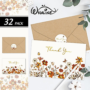 Whaline 32 Pack Gold Foil Fall Thank You Cards Autumn Floral Wildflower Greeting Cards with Envelopes and Stickers Blank Note Cards for Wedding Birthday Bridal Shower, 4 x 6 Inch