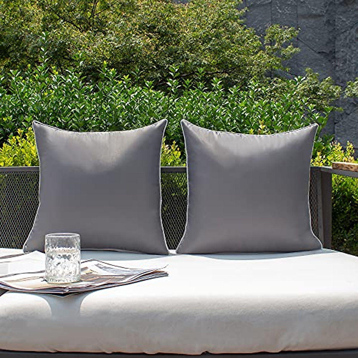 Kevin Textile Outdoor Waterproof Pillow Covers with White Piping Patio Furniture Pillow Cases, 2 Pcs, 18"x18", Grey